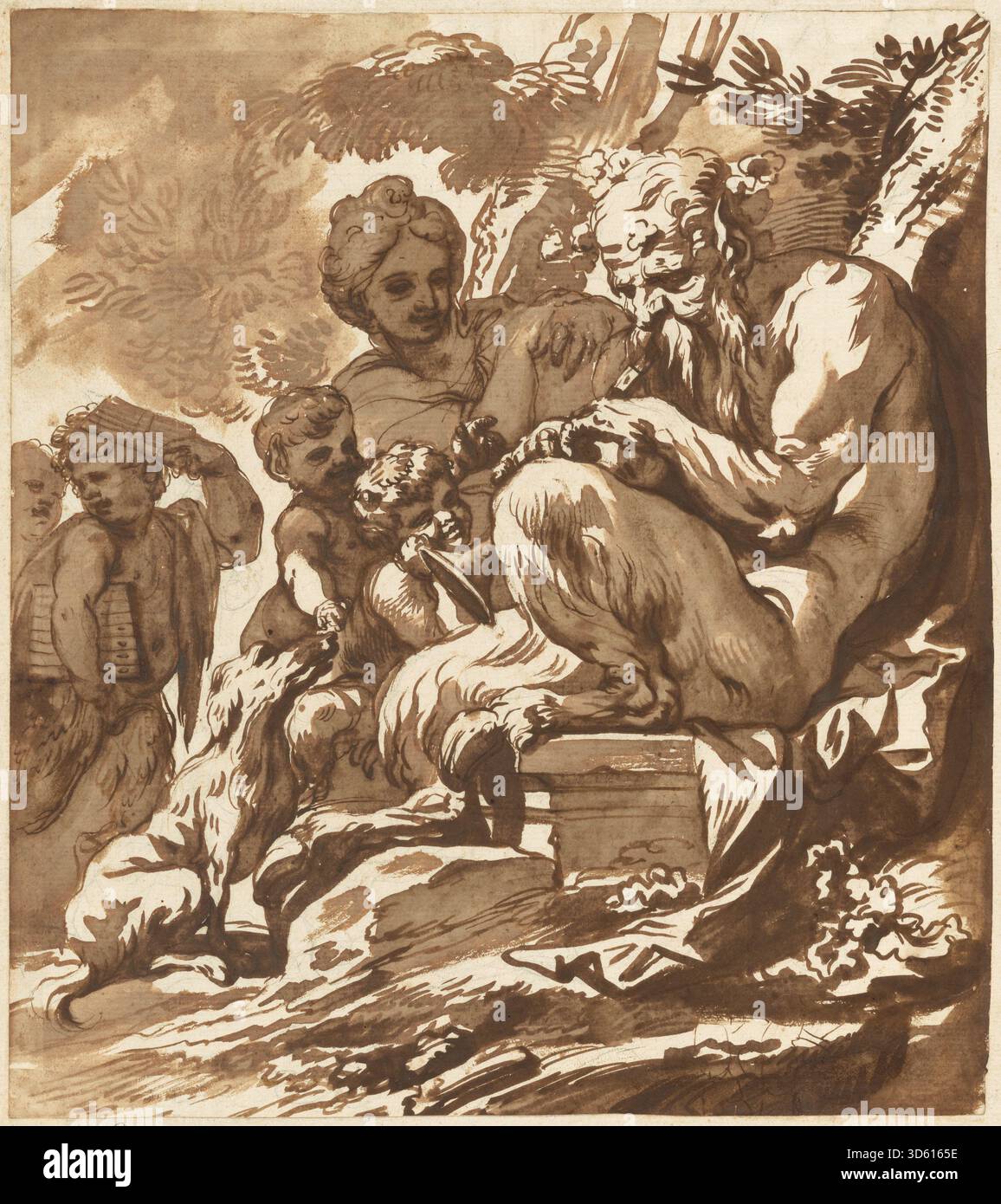 This 1690s painting by Domenico Piola depicts a satyr entertaining his ...