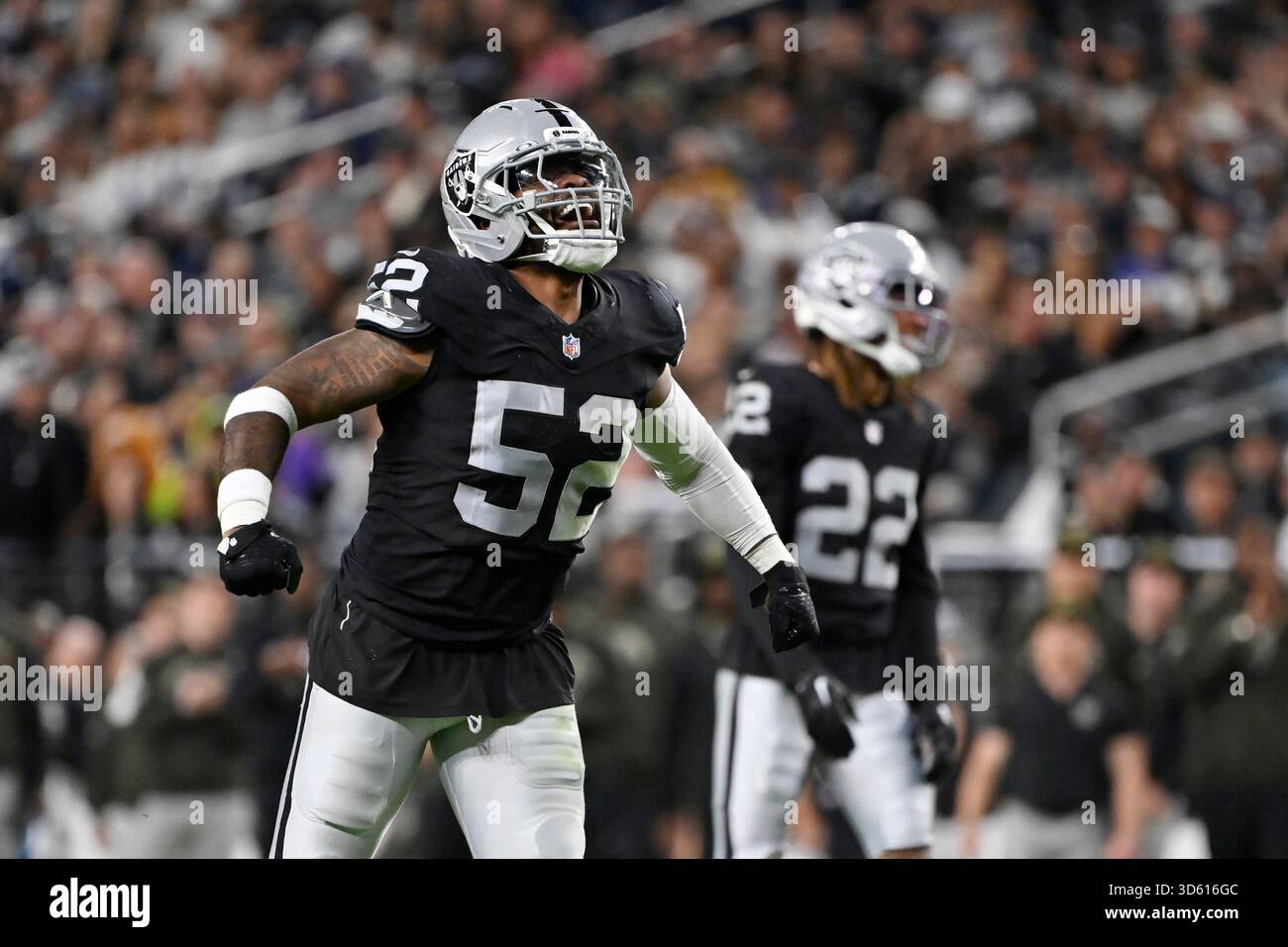 Las Vegas Raiders linebacker Elandon Roberts celebrates a defensive ...