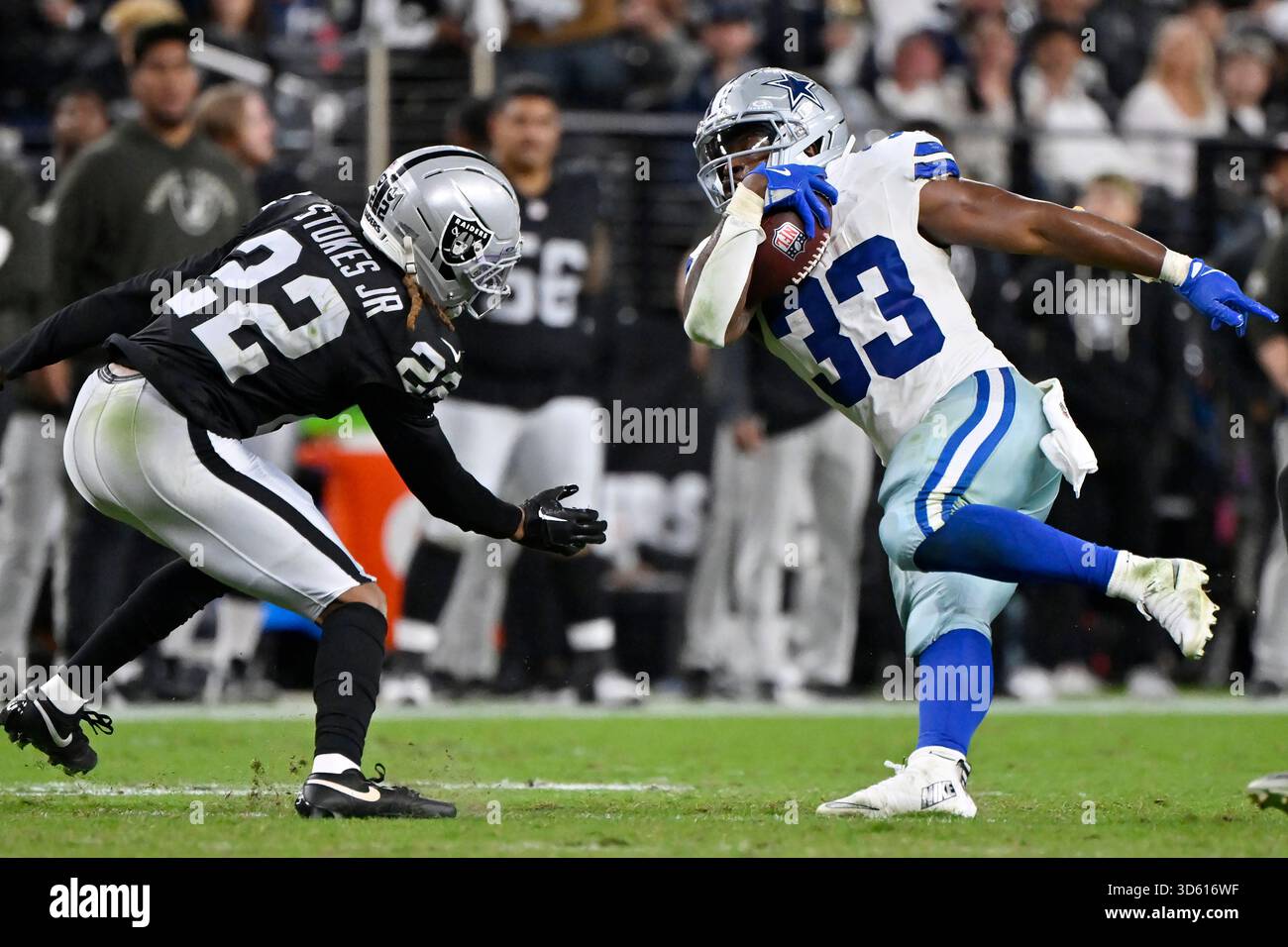 Dallas Cowboys running back Javonte Williams (33) tries to run pas Las ...