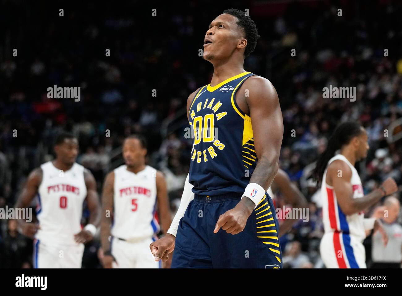 Indiana Pacers guard Bennedict Mathurin (00) reacts after making a free ...