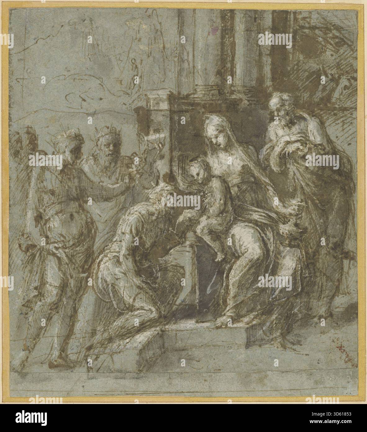 The painting depicts the biblical scene of the Magi presenting gifts to ...