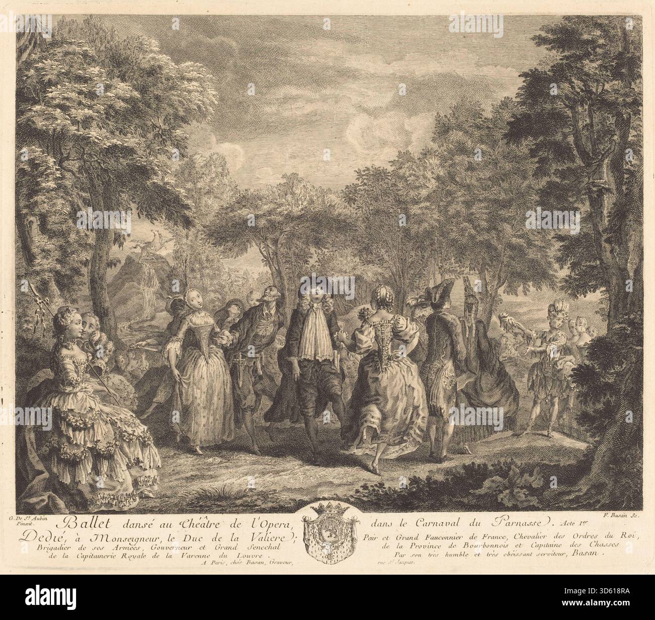 The engraving depicts a ballet performance at the opera, showing ...