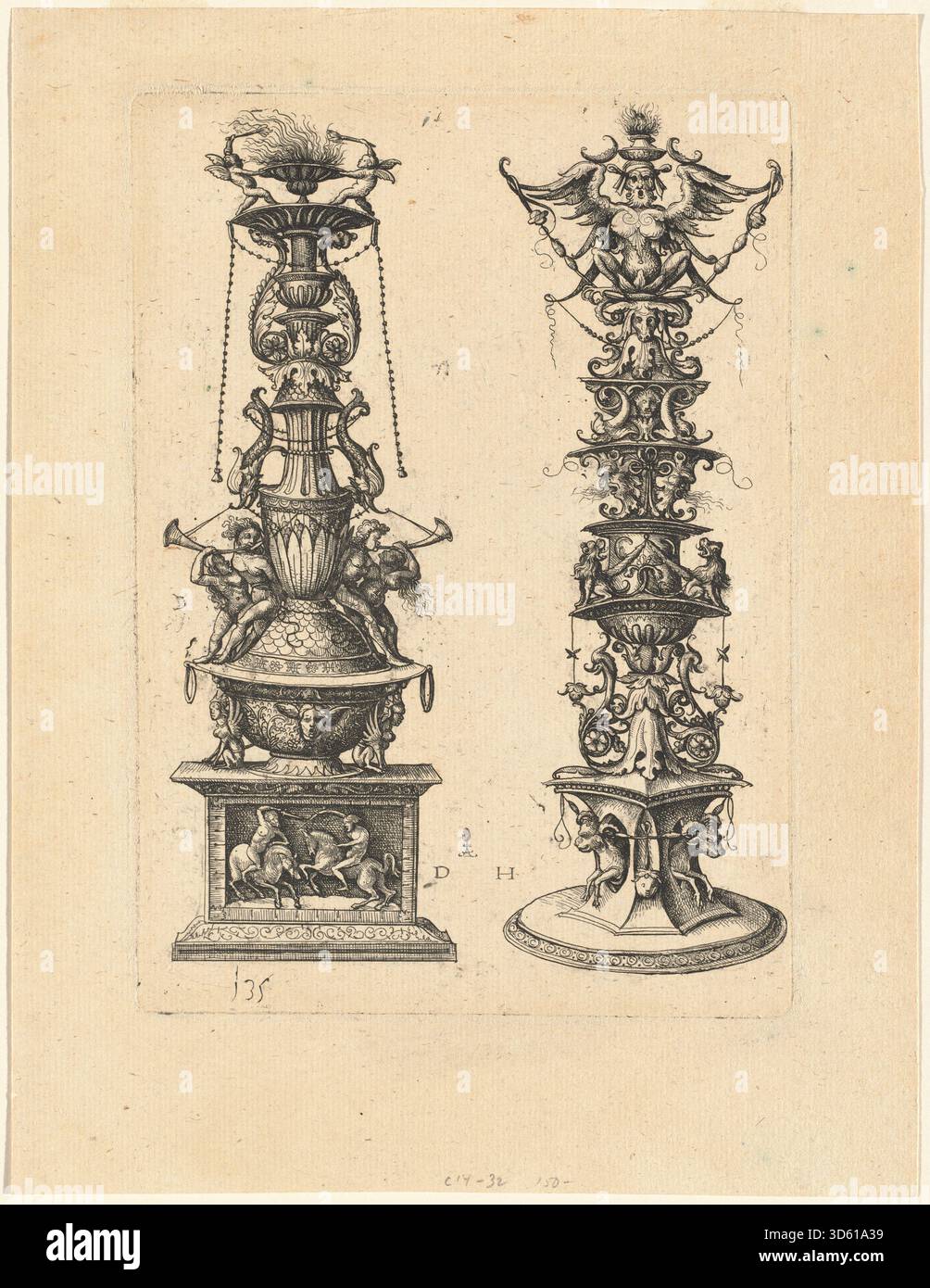 This etching by Daniel Hopfer shows two candelabrum designs. The ...