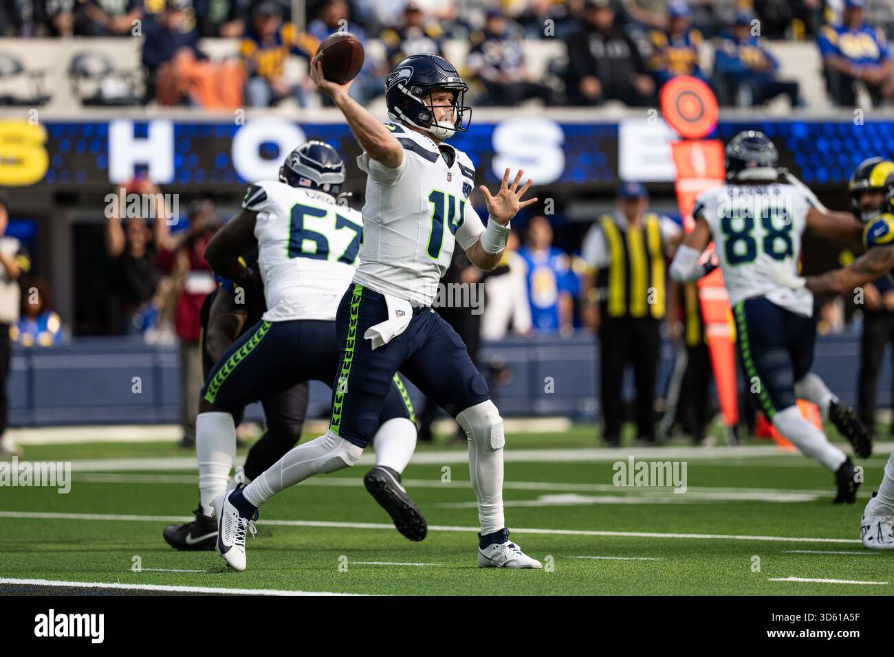 Seattle Seahawks quarterback Sam Darnold (14) throws a pass during a ...