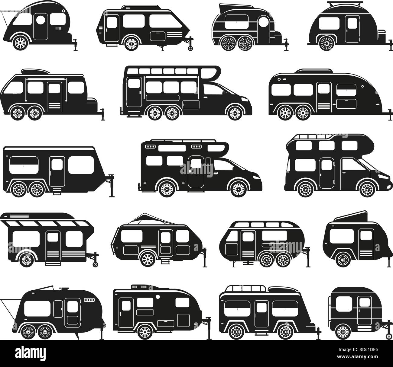 Camper vans, caravan rv cars and camping trailers. Camping motor home ...