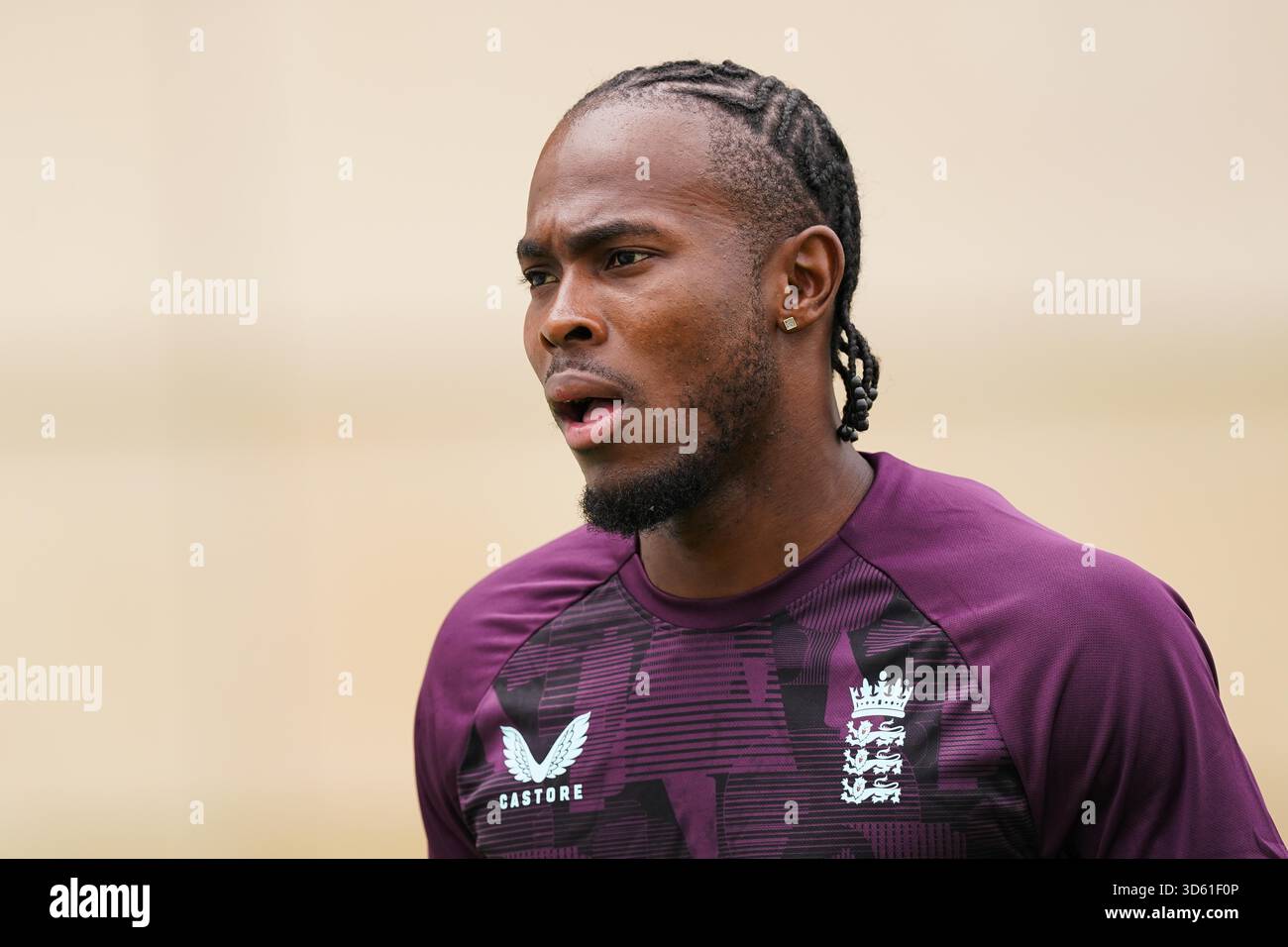 England’s Jofra Archer looks on during a nets session at the Optus ...