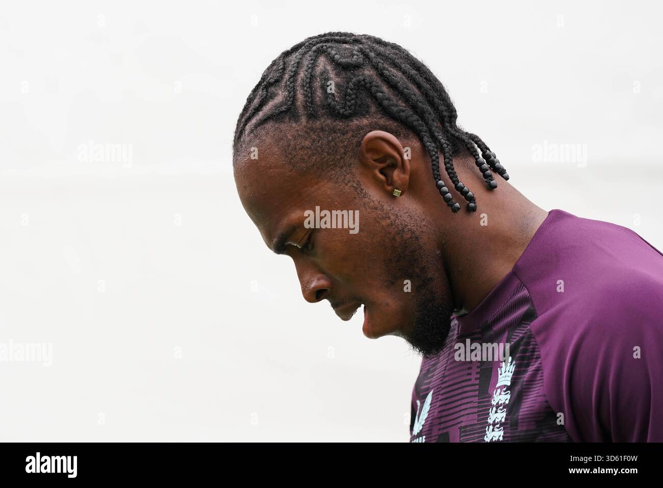 England’s Jofra Archer looks down during a nets session at the Optus ...