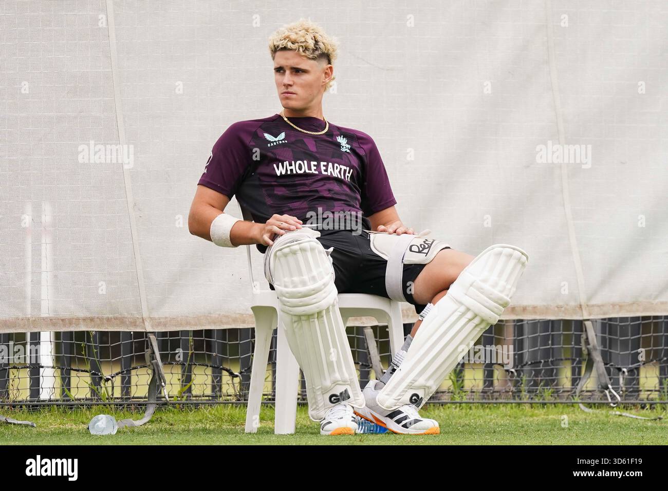 England’s Jacob Bethell sits in his pads waiting to bat during a nets ...