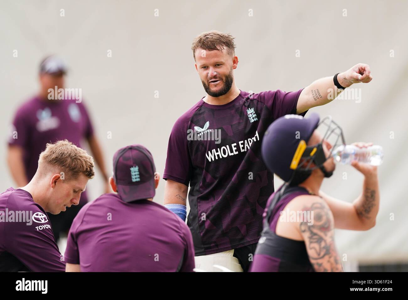 England’s Ben Duckett (centre) points during a nets session at the ...