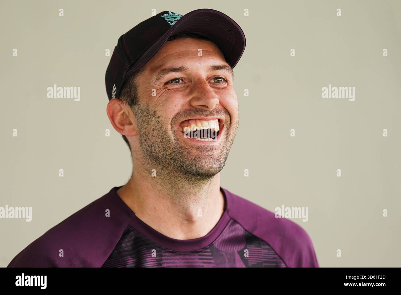 England’s Mark Wood smiles during a nets session at the Optus Stadium ...
