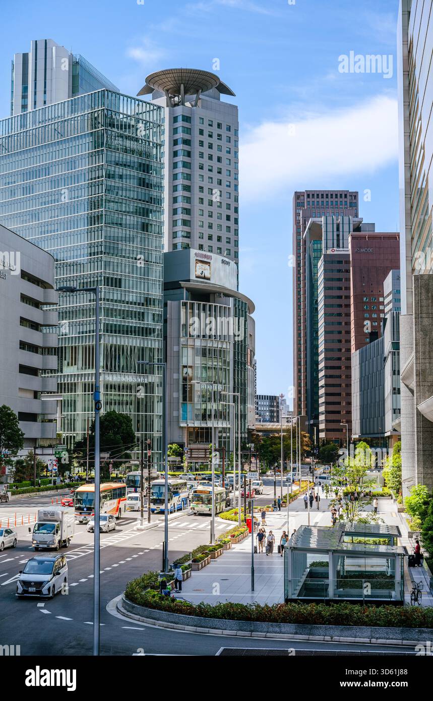 The bustling Umeda district in Osaka, Japan, showcases towering modern ...