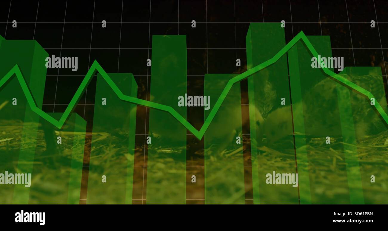 Displaying translucent green 3D bars on dark grid chart, showing bright ...