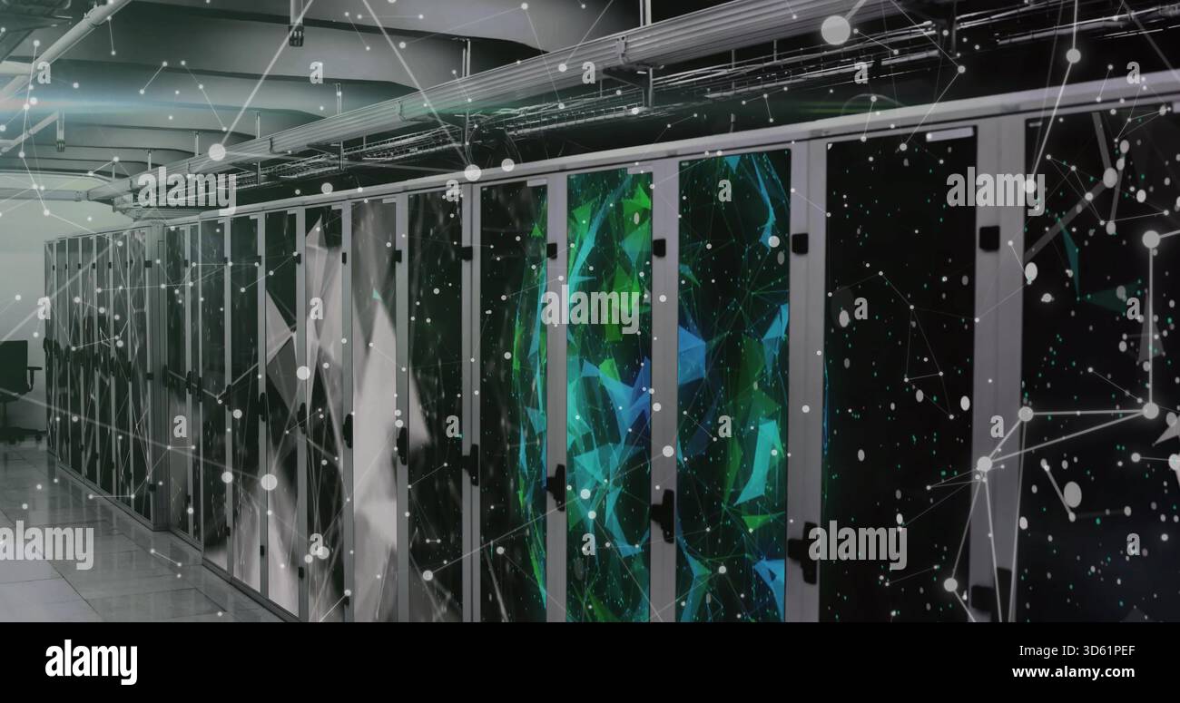 Extending row of server racks with glass fronts and teal panels in data ...