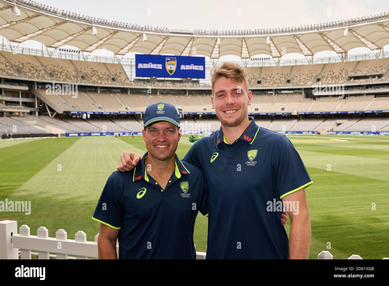 Alex Carey and Cameron Green of Australia speaks during the launch of ...