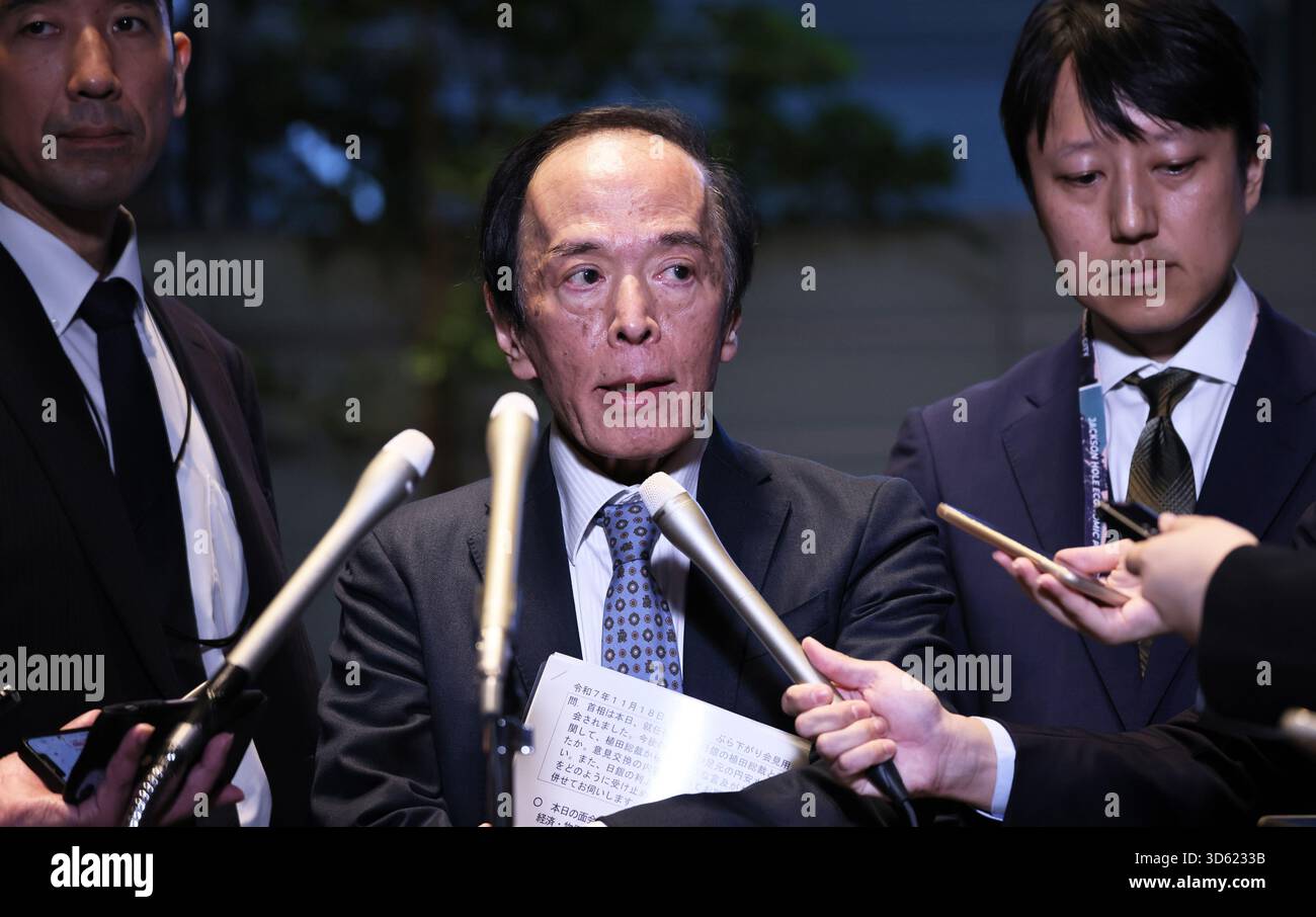 Kazuo UEDA, Bank of Japan Governor, speaks to the media after meeting ...