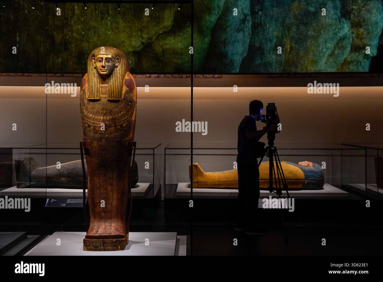 Anthropoid coffins on display at the “Ancient Egypt Unveiled: Treasures ...