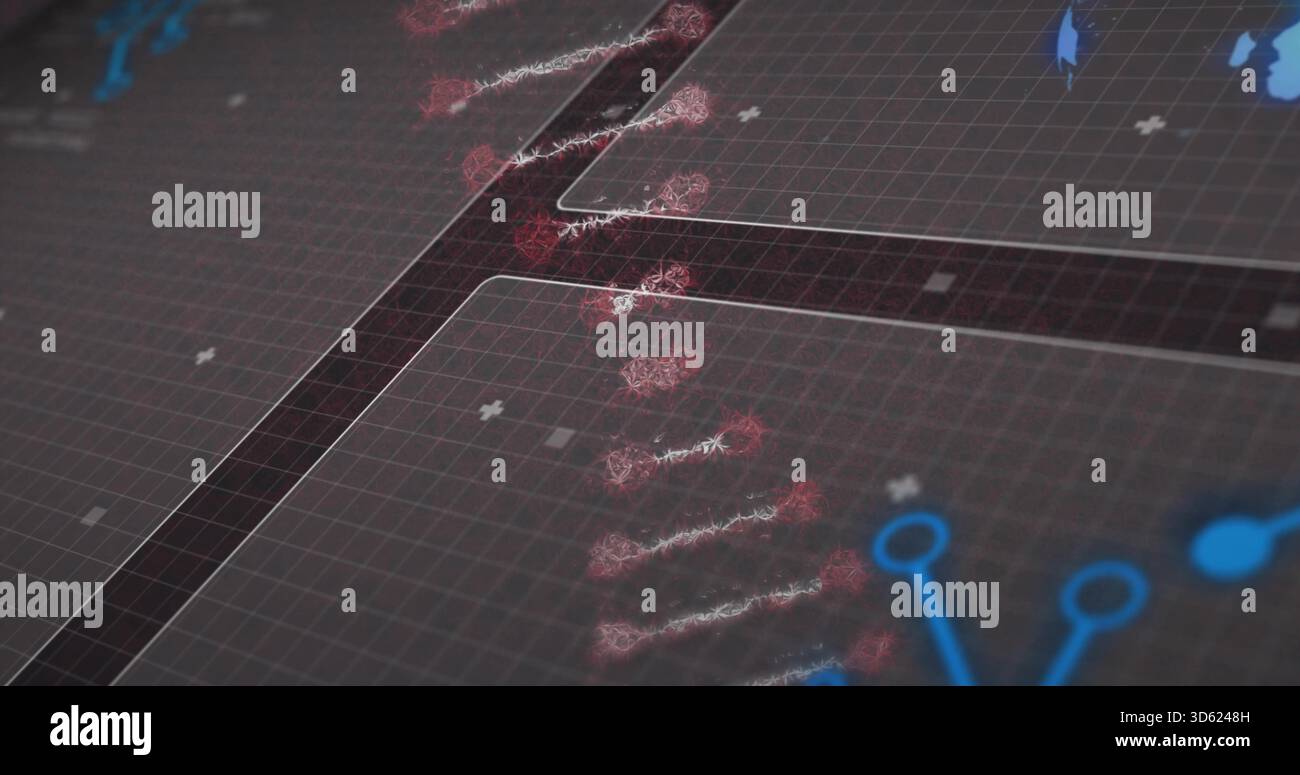 Scanning diagonal red node chain across dark grid UI, showing thin ...
