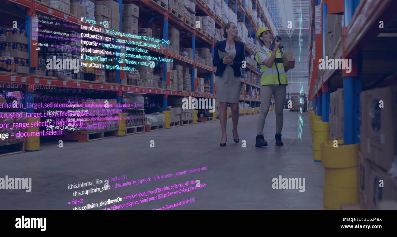 Inspecting manager in blazer and worker in hi-vis vest scanning shelves ...