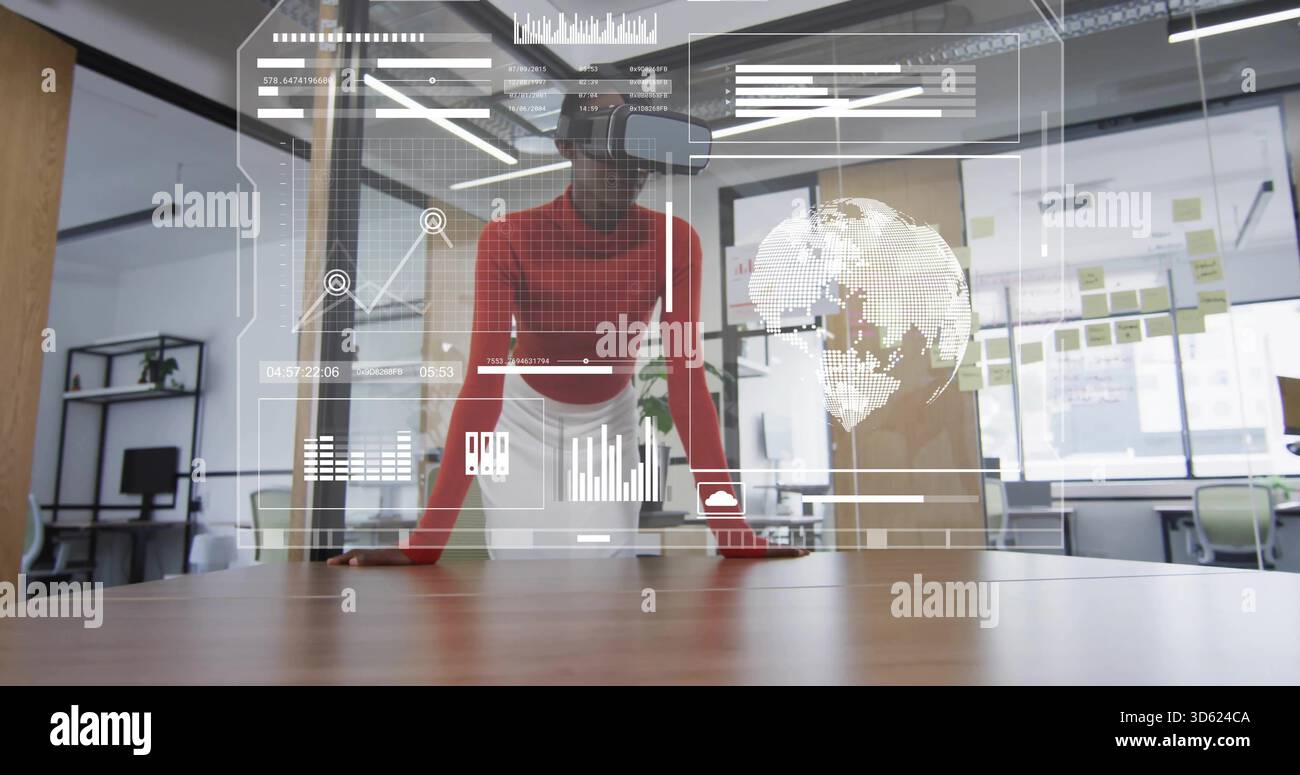 Presenting woman wearing red top, AR headset, showing HUD panels over ...