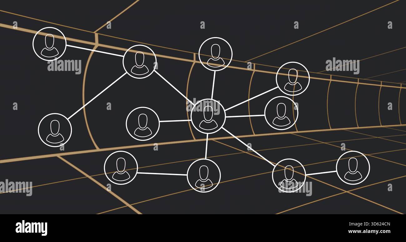 Linking central hub avatar node to white nodes, lines in tunnel, golden ...