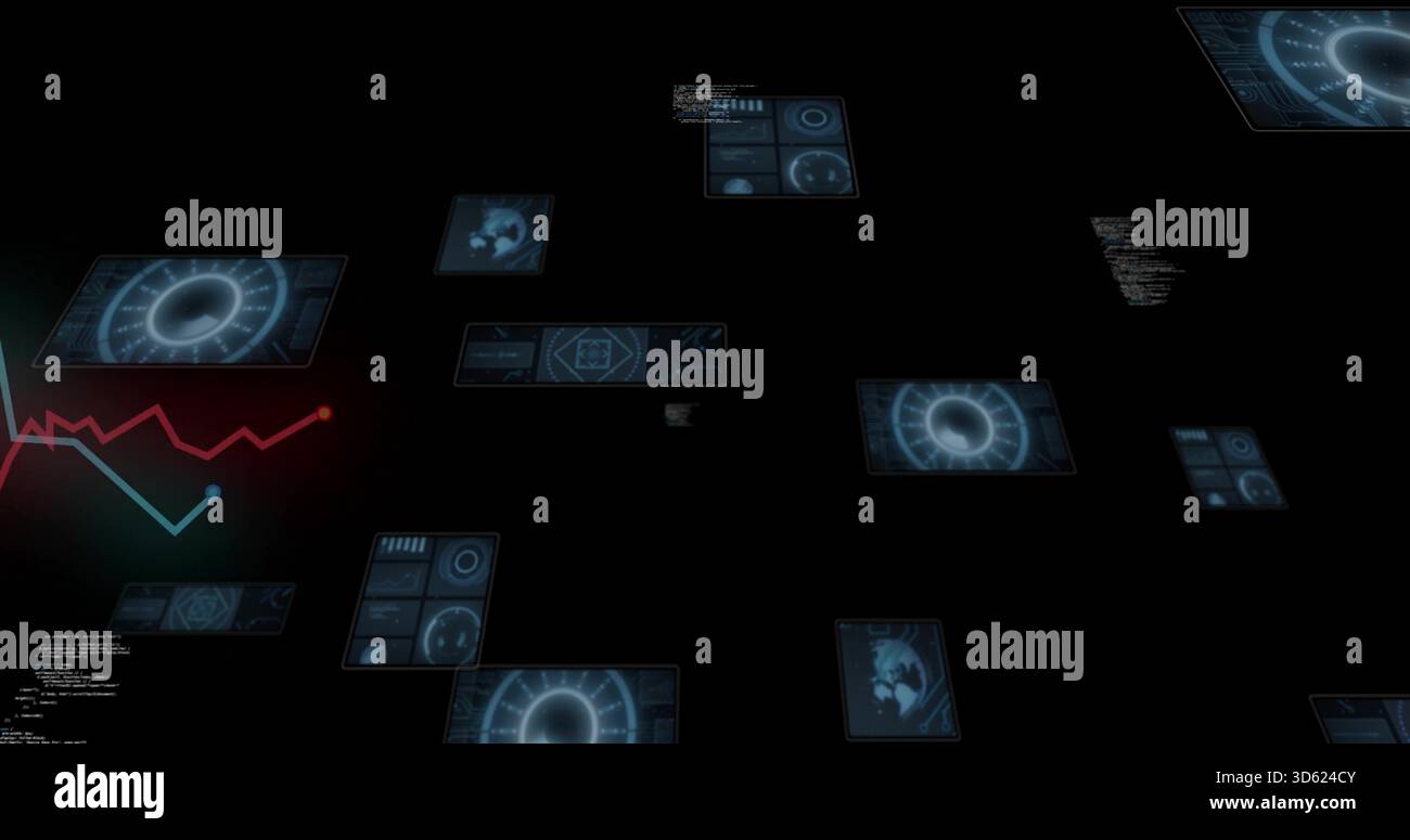 Floating blue HUD panels centering in virtual void, showing radial ...