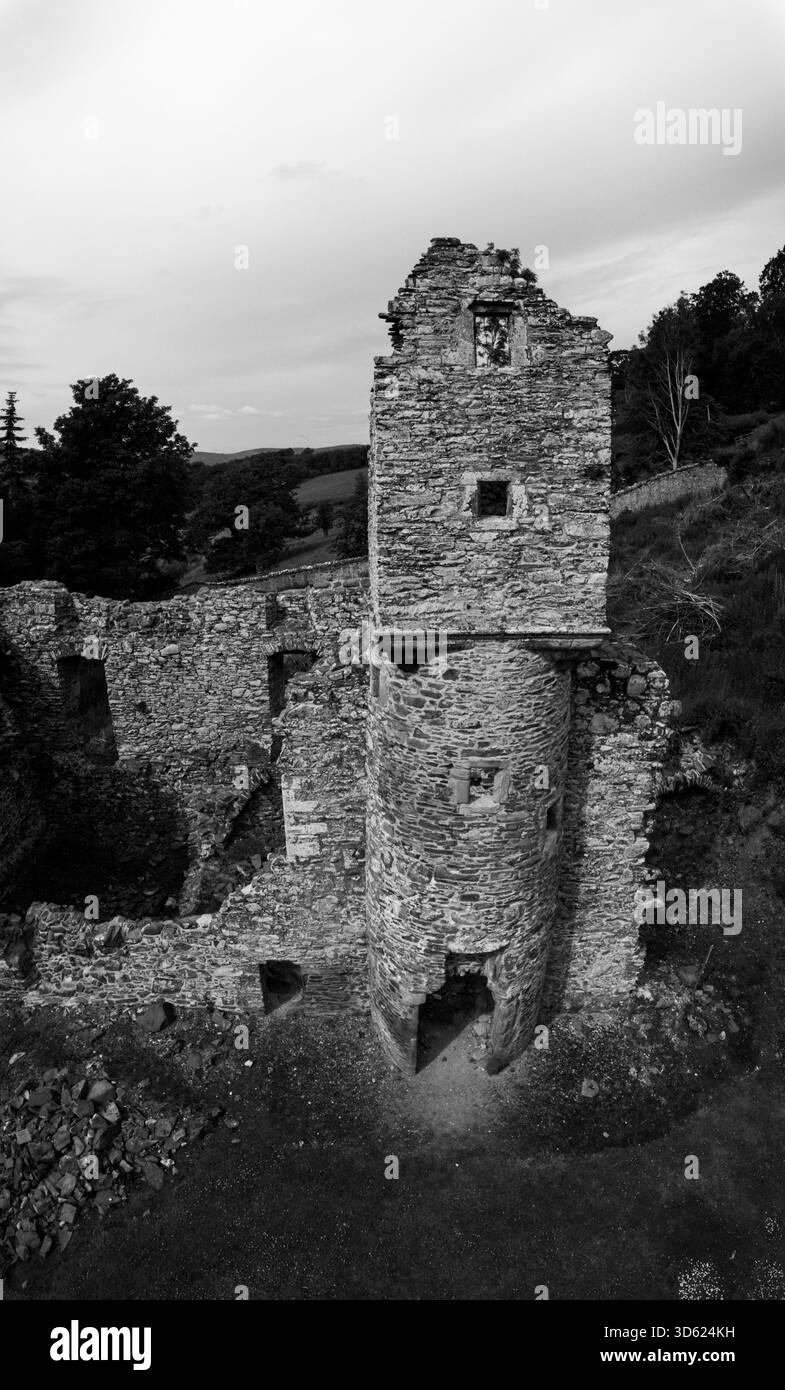 Aerial monotone view of Torwoodlee Tower ruins Stock Photo - Alamy