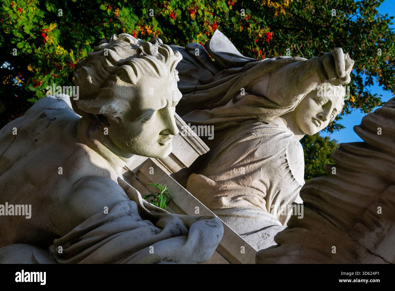 Close-up of the figures of Neptune in Chariot statue in Cardiff Stock ...