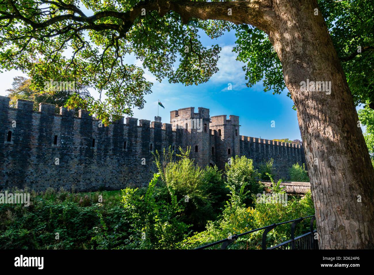 View of the fortified outer walls of Cardiff Castle framed by ...