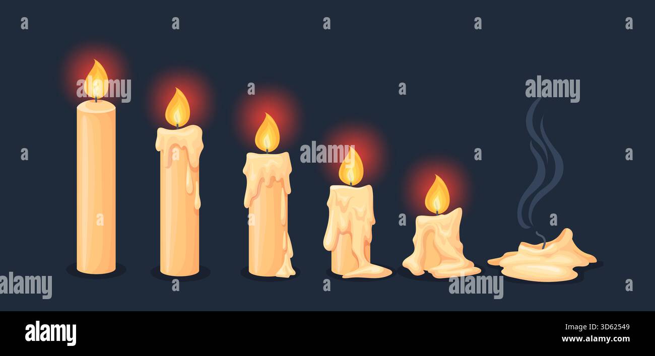 Candle wax stages. Burning candles animation steps, burn wick fire ...