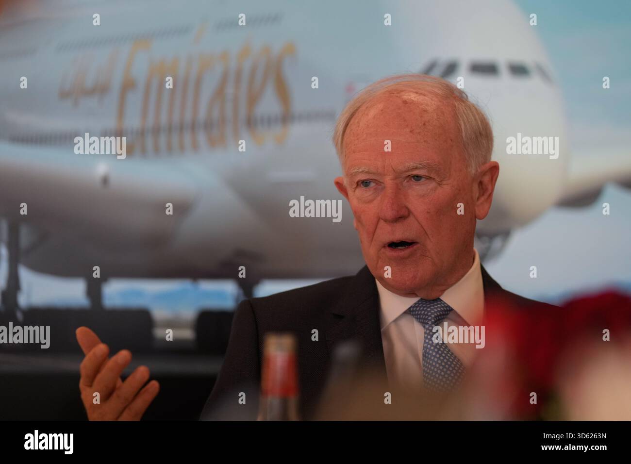 Tim Clark, the president of Emirates Airlines, speaks to journalists at ...
