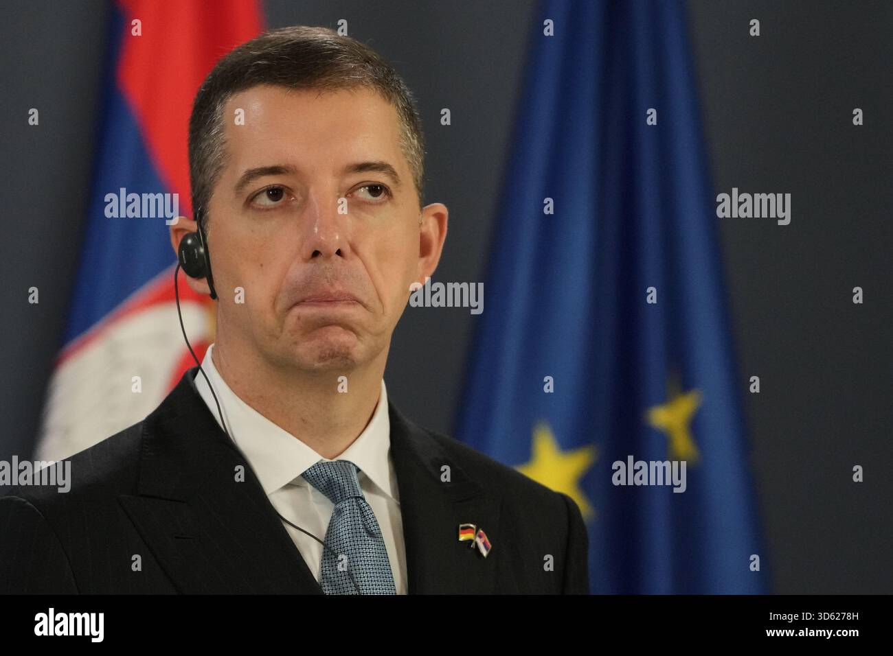 Serbian Foreign Minister Marko Djuric listens to his German counterpart ...