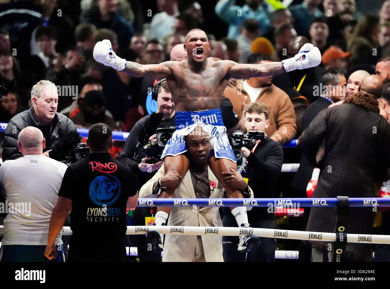 Conor Benn, on the shoulders of his father Nigel, celebrates victory ...