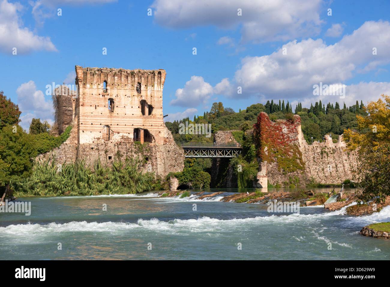 Ruins of a historic bridge on the Mincio River in Borghetto, Italy ...
