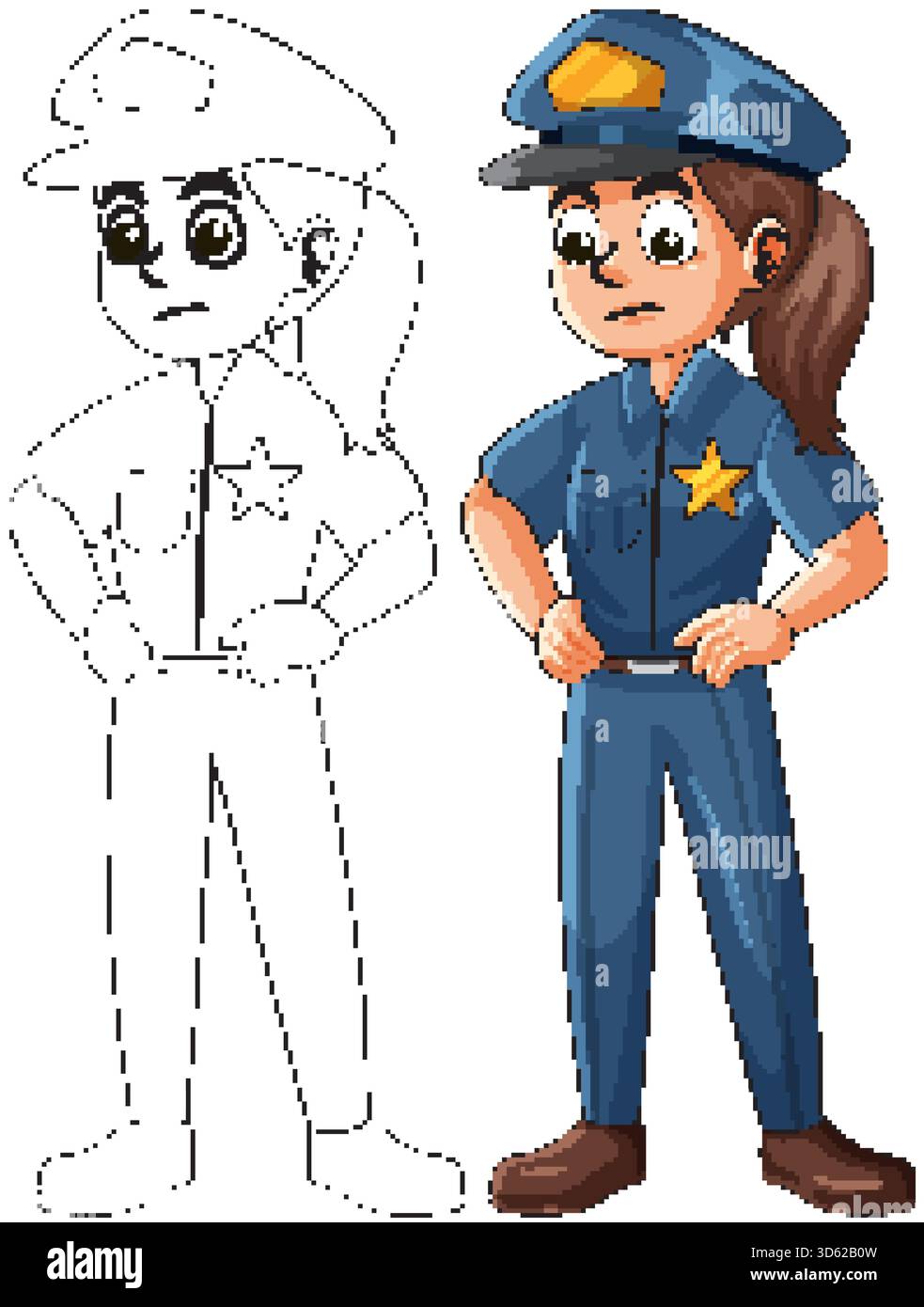 Cartoon female police officer with colored and outlined versions, hands ...