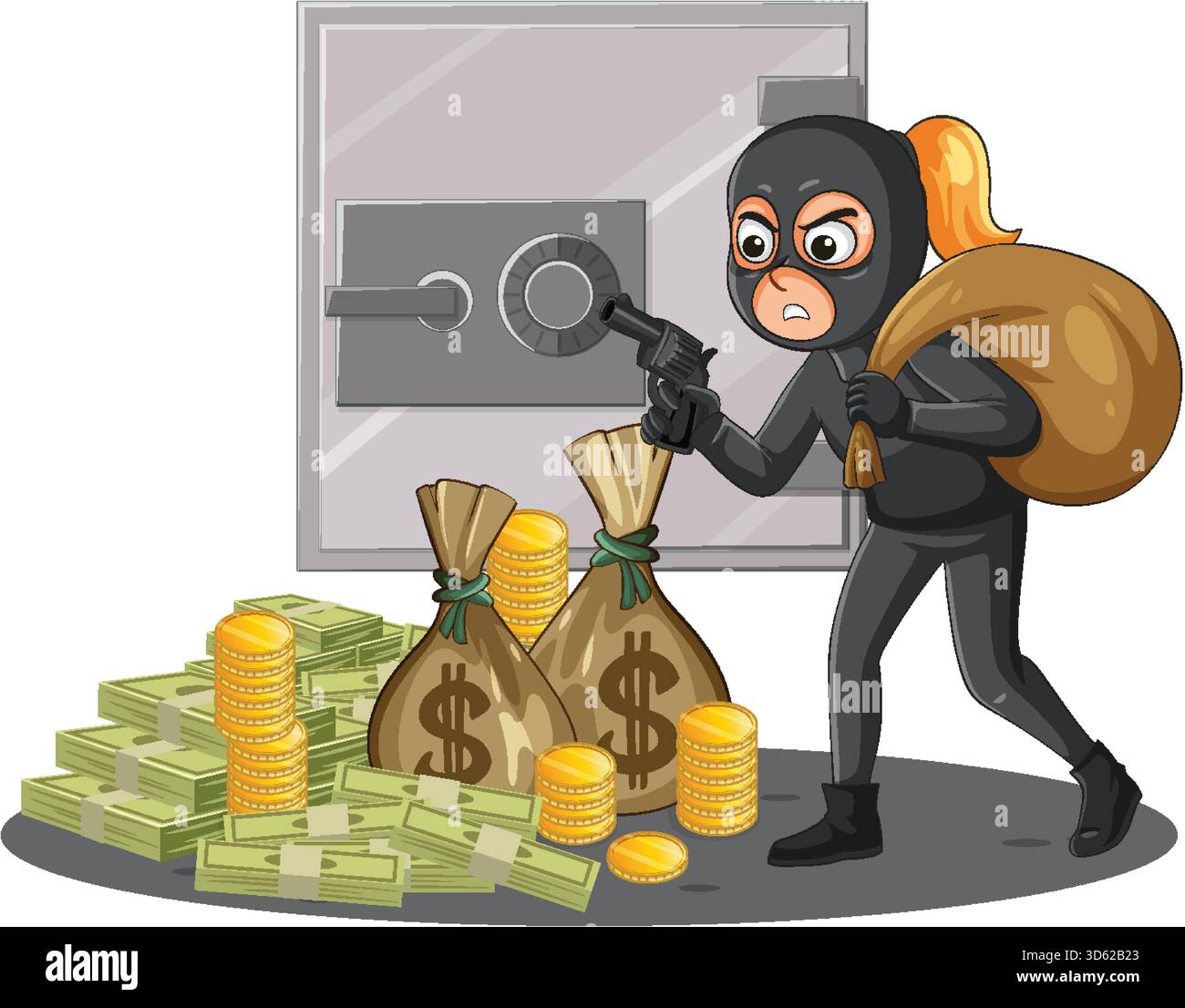 Cartoon burglar in black suit stealing cash and coins from large bank ...