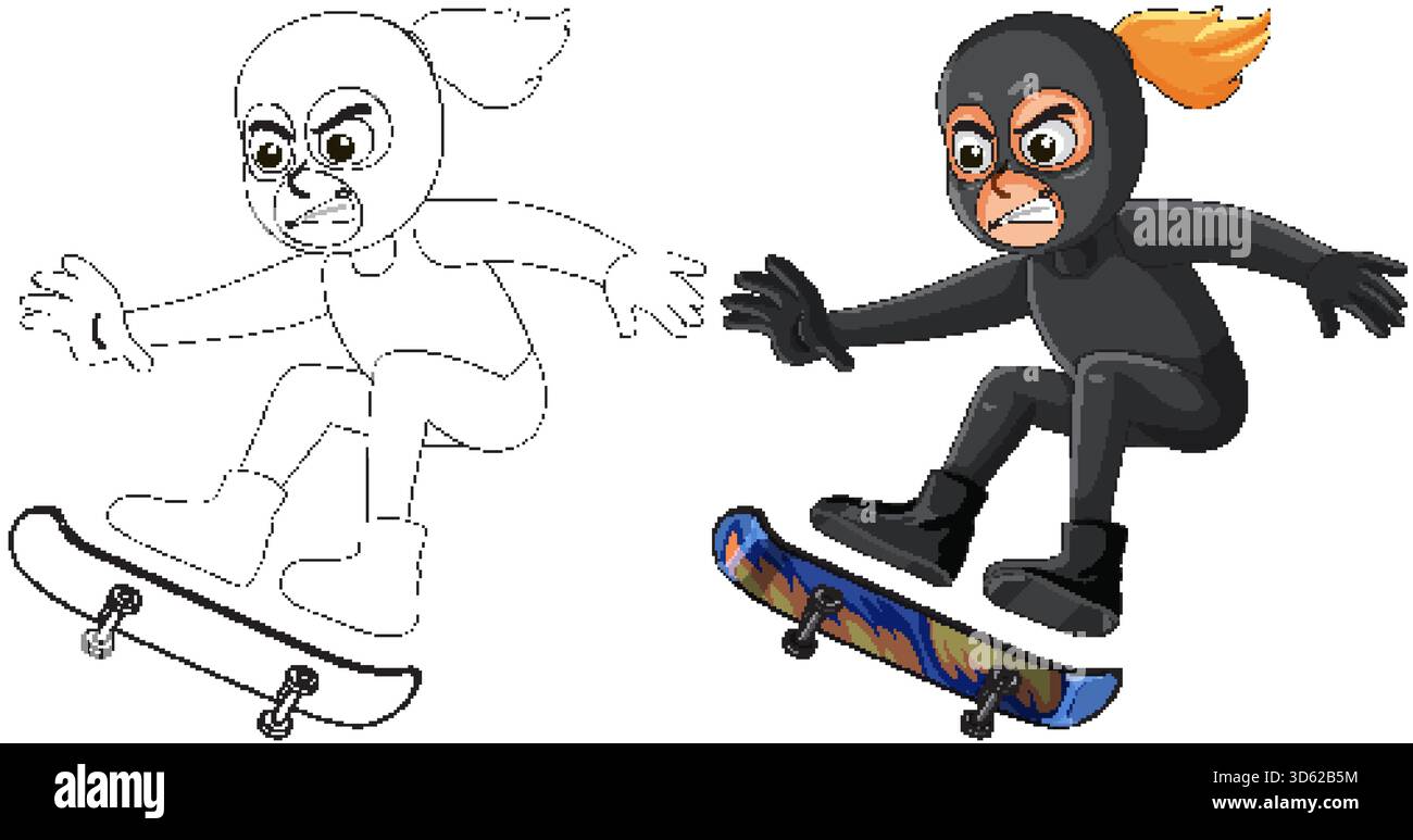 Cartoon female robber in black suit performing skateboard trick ...