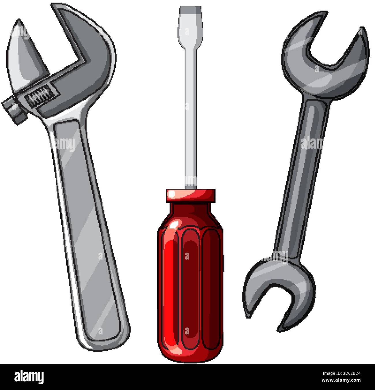 Three hand tools in clean vector style with bold outlines and simple ...