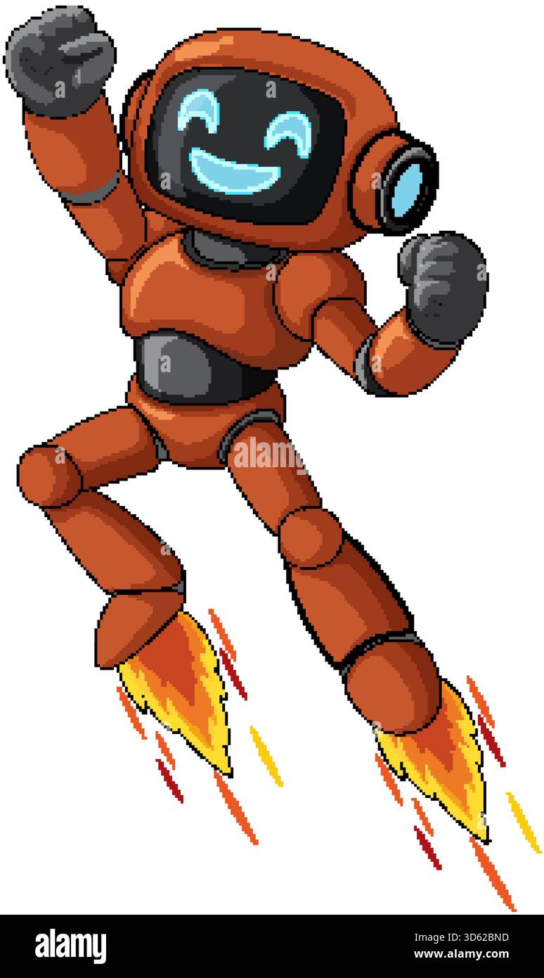 Smiling orange robot character flying upward with jet flames, cartoon ...