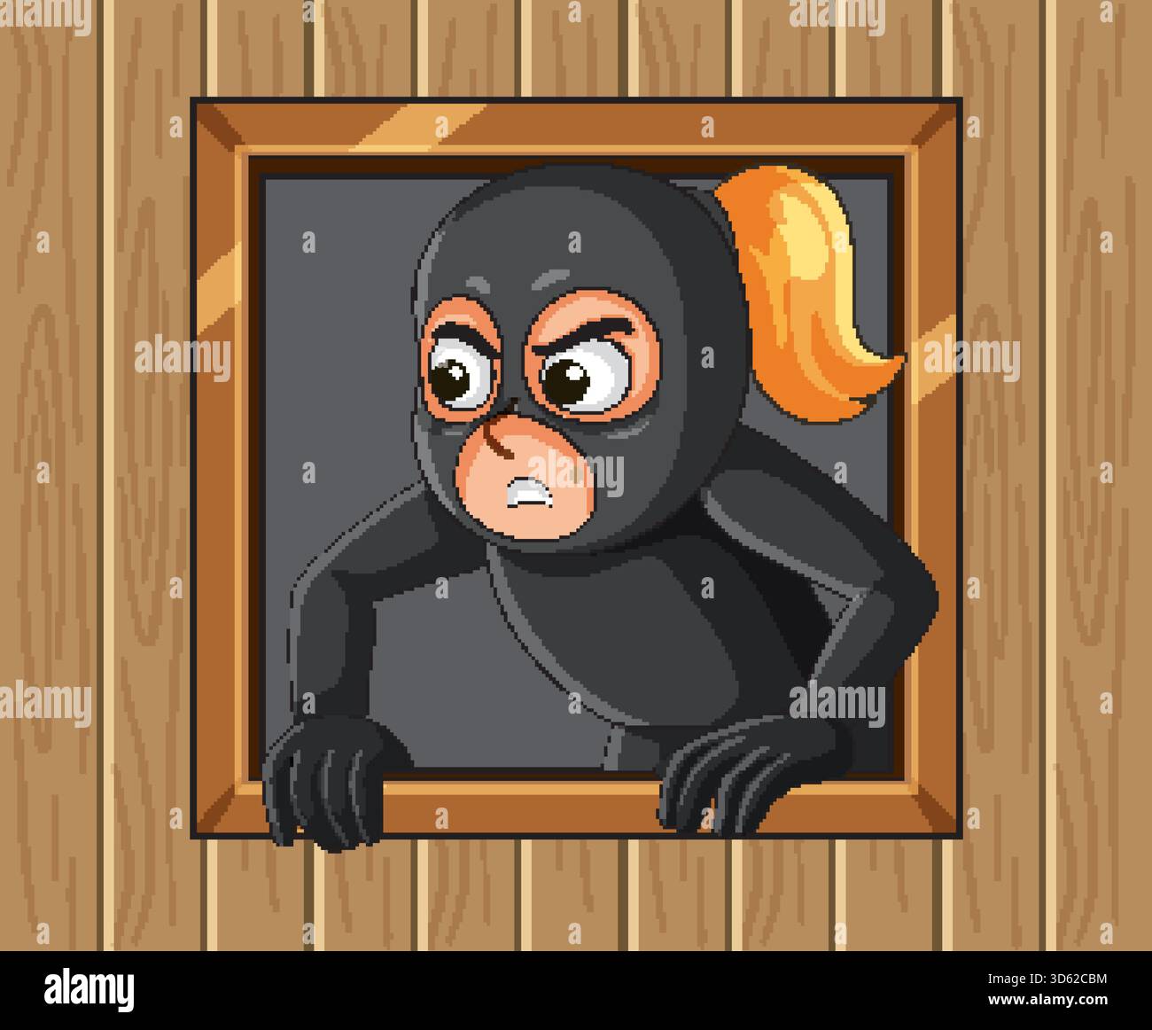 Cartoon female burglar in black suit entering through window, bold ...