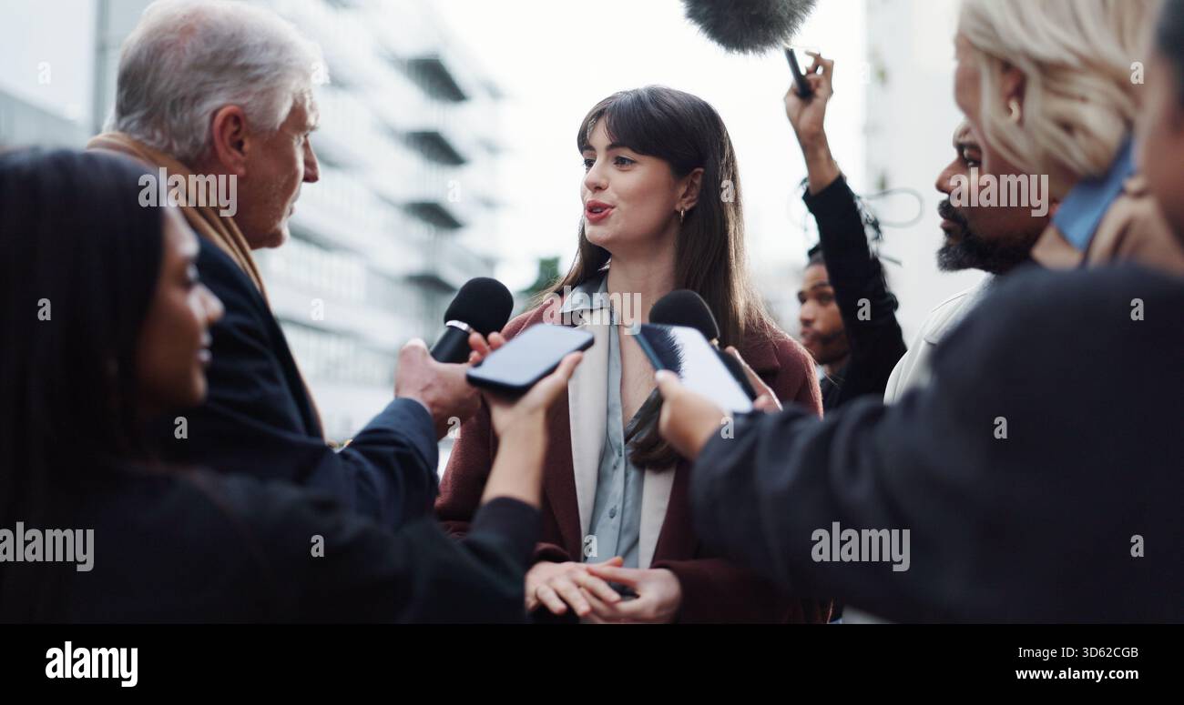Woman, spokesperson and press with questions, city and journalists with ...