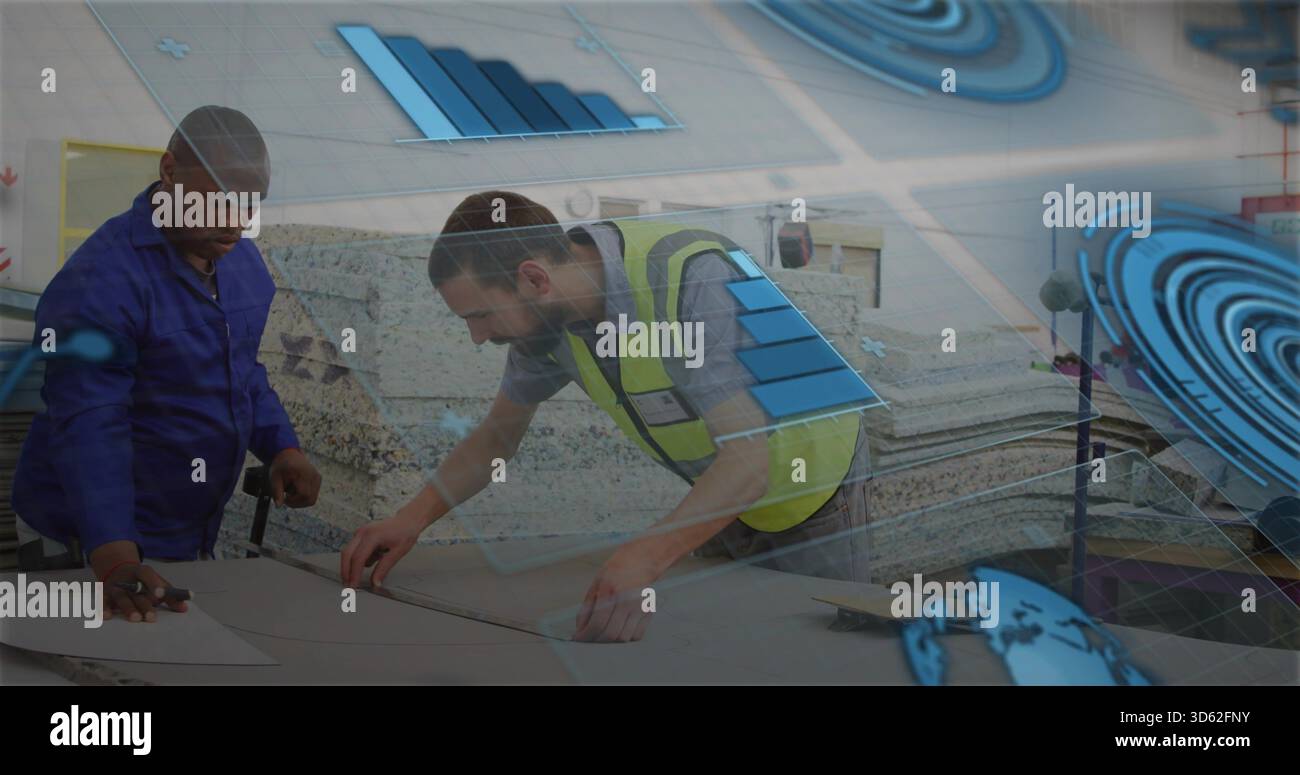 Measuring two men marking panels at shop bench wearing safety vest and ...