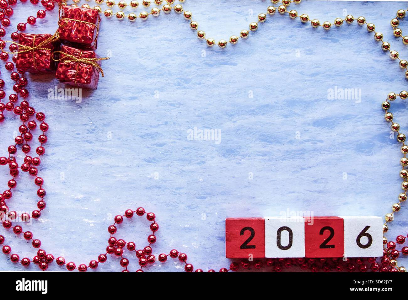 Christmas 2026 background with red gifts golden beads and festive ...