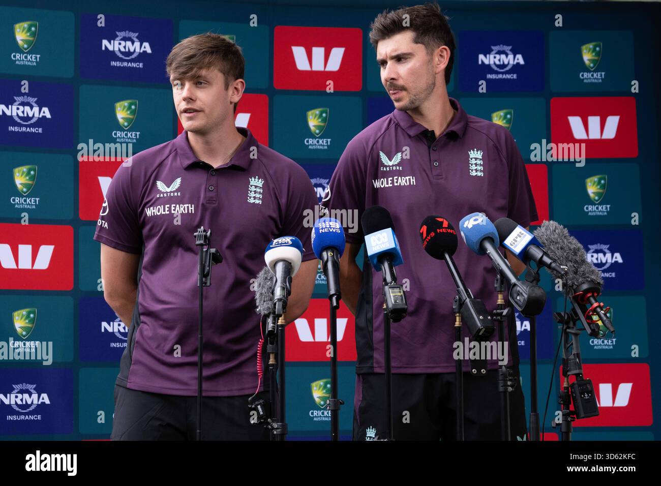 England’s Jamie Smith (left) and Josh Tongue look on during a press ...