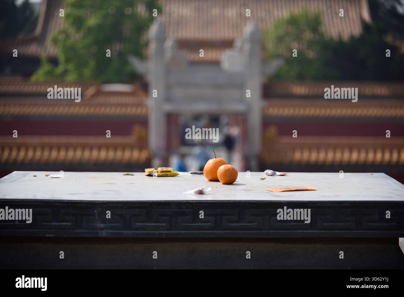 Fruits and candies as ceremonial offerings at the altair of the Temple ...