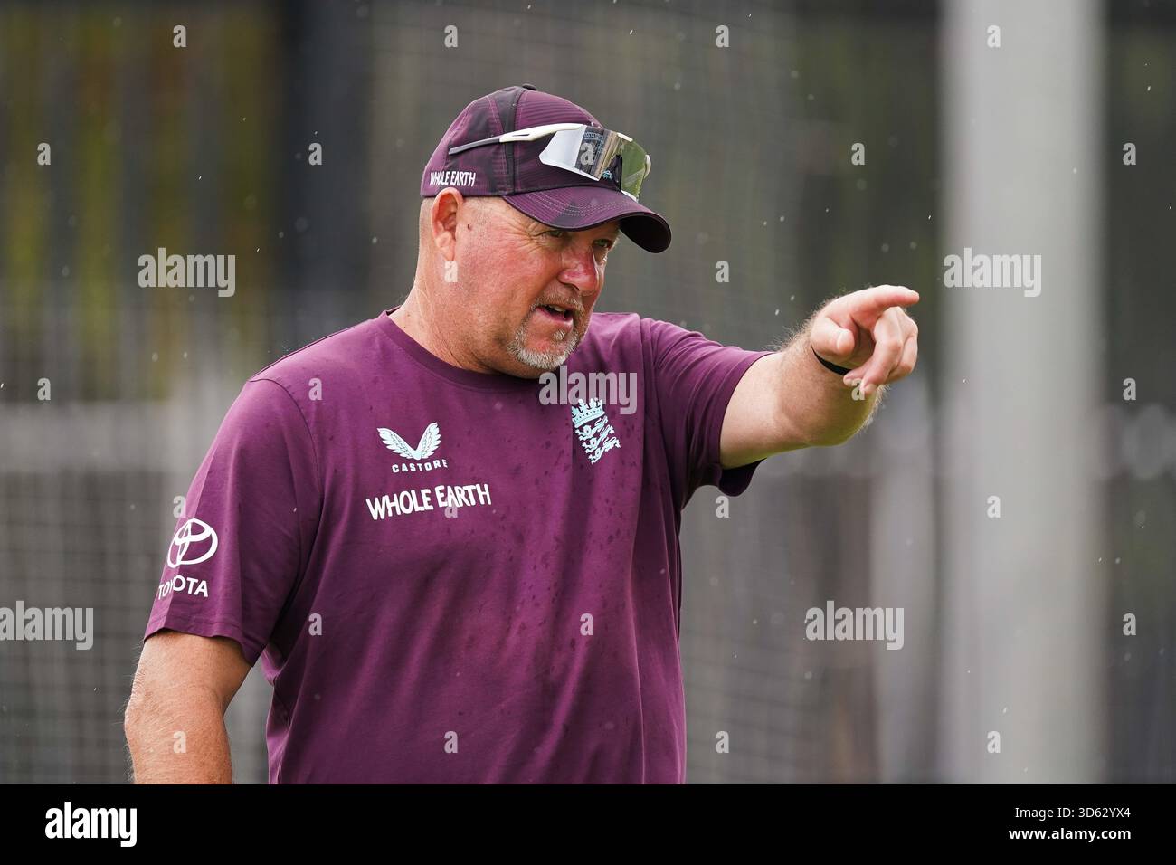England bowling coach David Saker points during a nets session at the ...