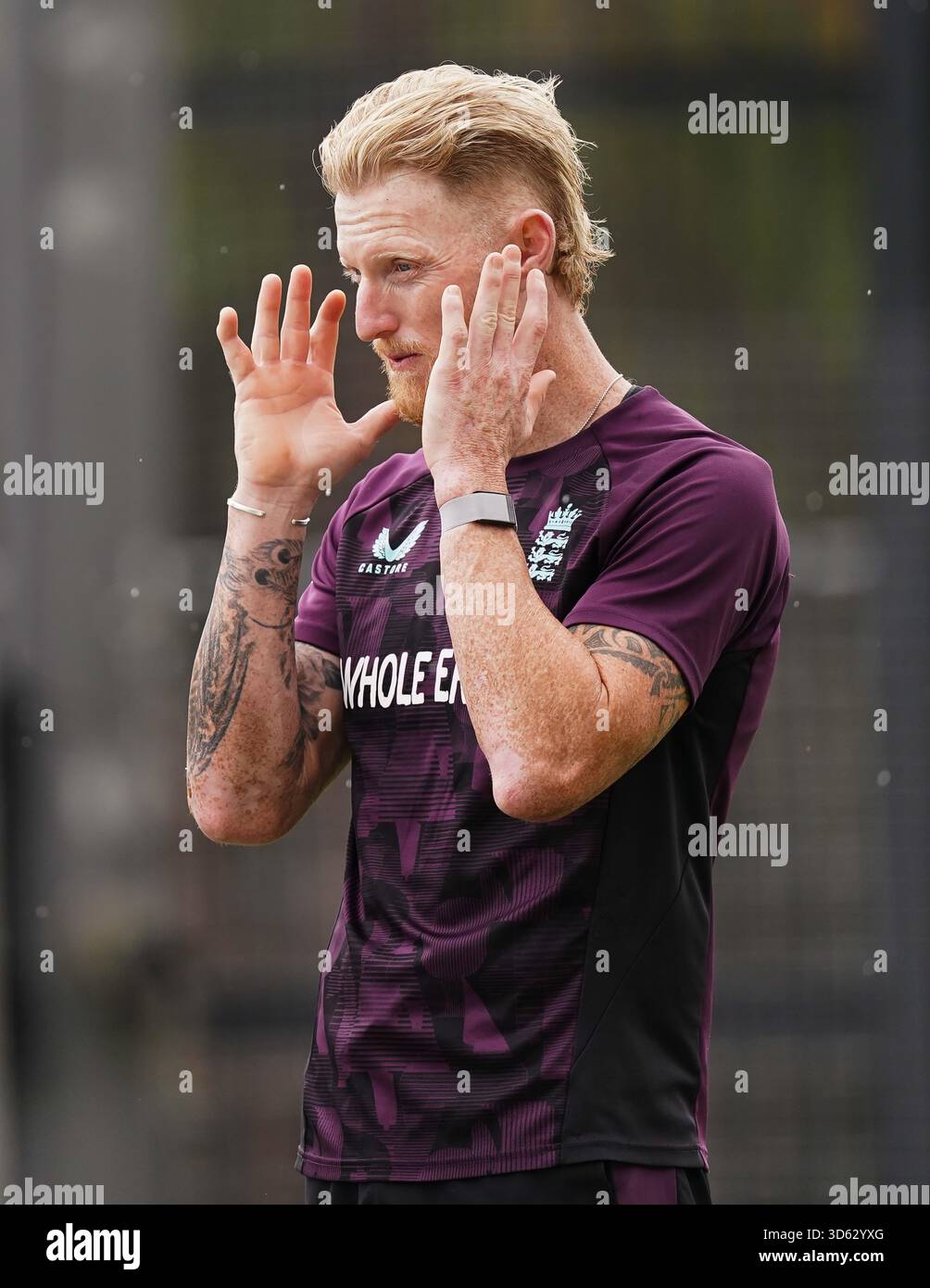 England’s Ben Stokes gestures during a nets session at the Optus ...