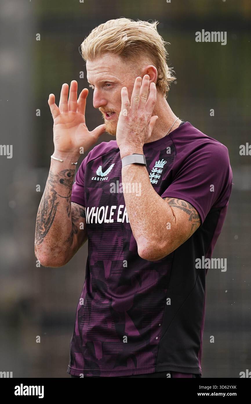 England’s Ben Stokes gestures during a nets session at the Optus ...