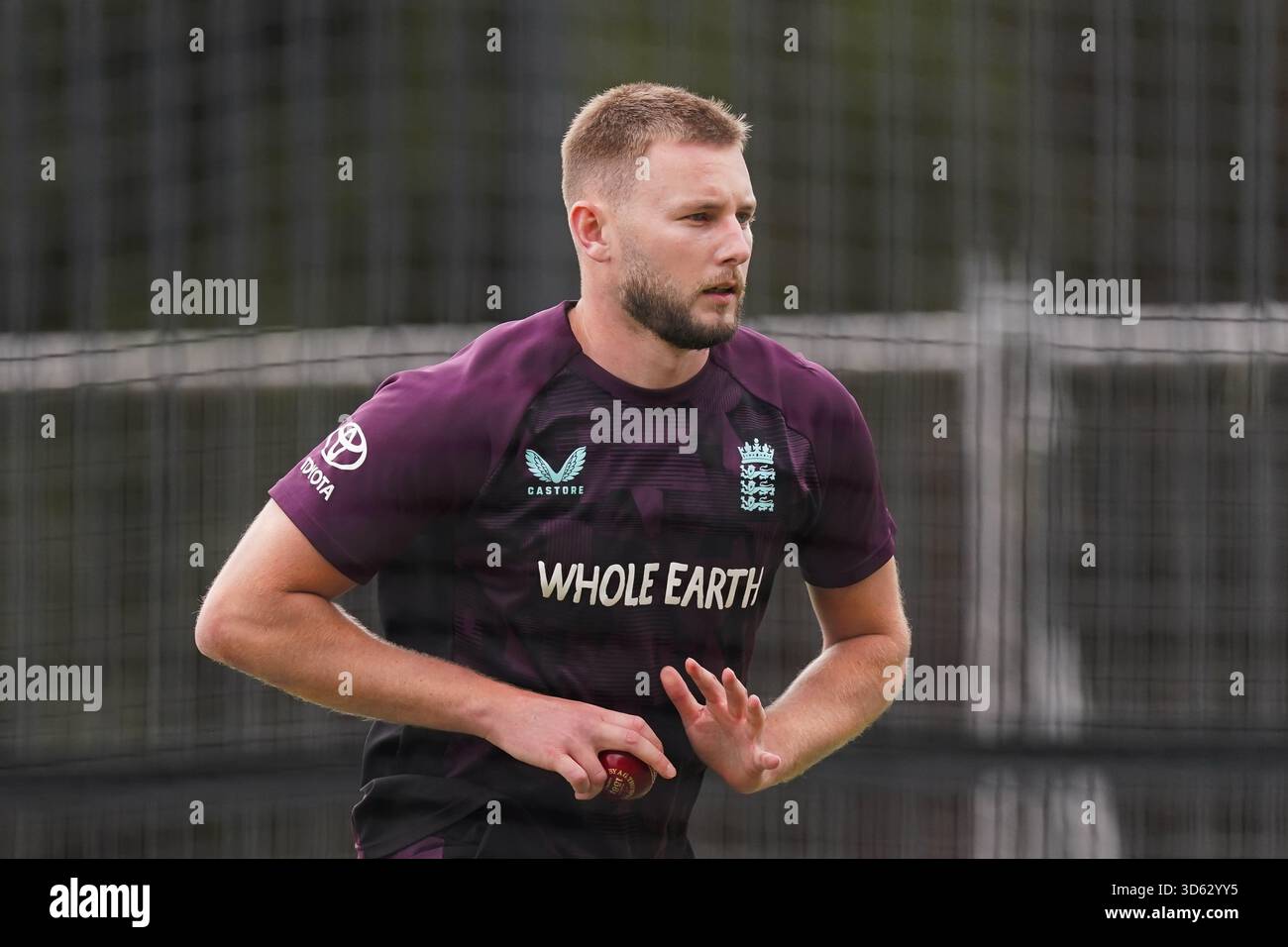 England’s Gus Atkinson runs in to bowl during a nets session at the ...