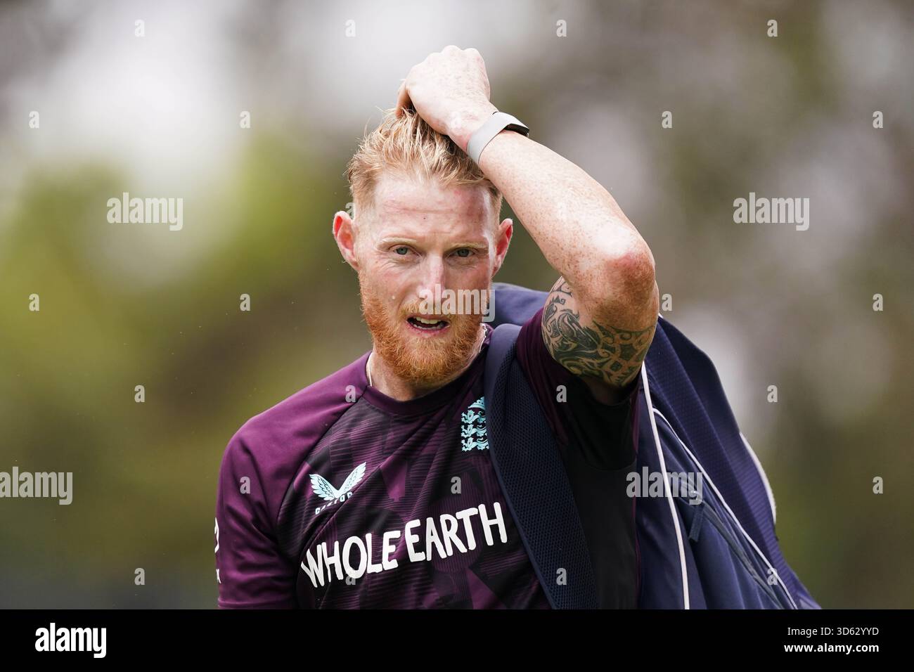 England’s Ben Stokes wipes his forehead during a nets session at the ...