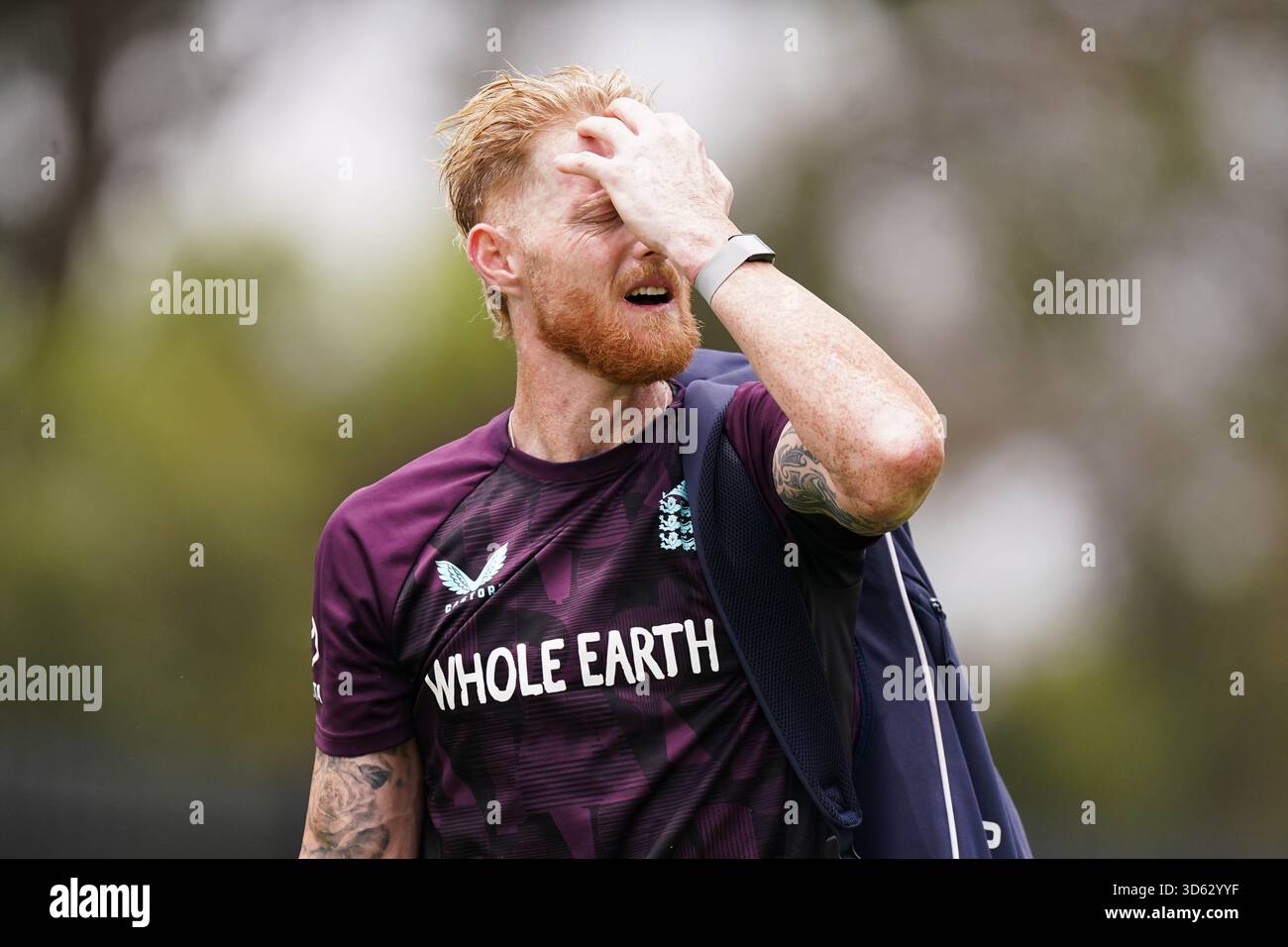 England’s Ben Stokes wipes his forehead during a nets session at the ...